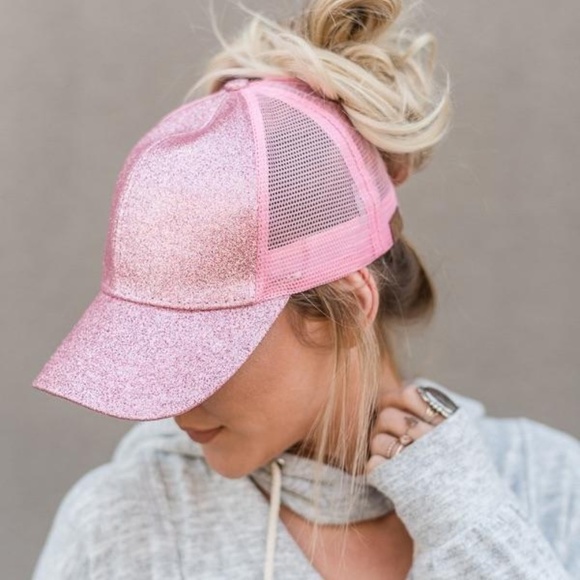 Accessories | Pink Glitter Messy Bun Baseball Cap | Poshmark